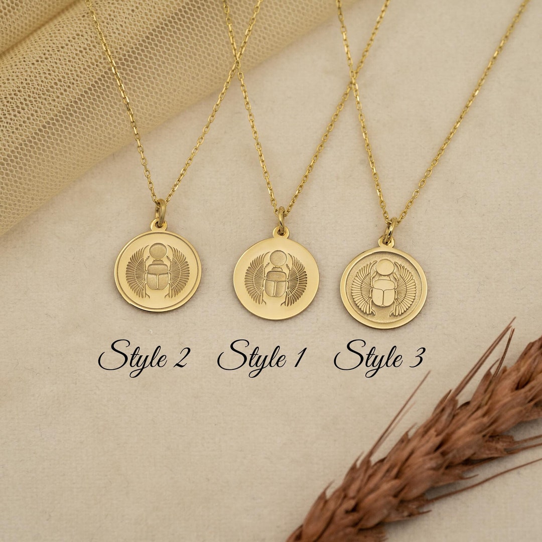 Real 14k Solid Gold Scarab Necklace - Personalized Egyptian Pendant ...
