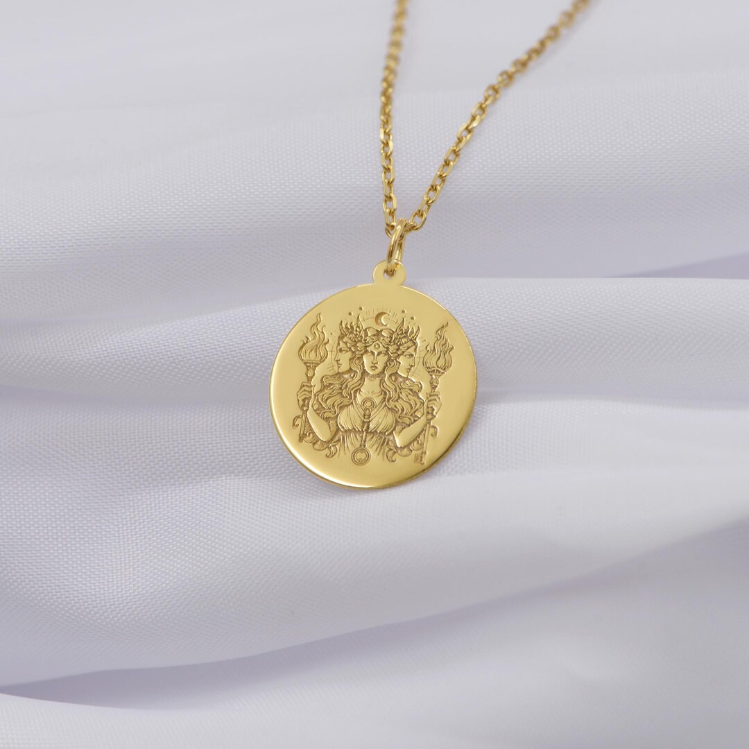 14K Solid Gold Hecate Necklace – Triple Moon Goddess Pendant, Custom ...