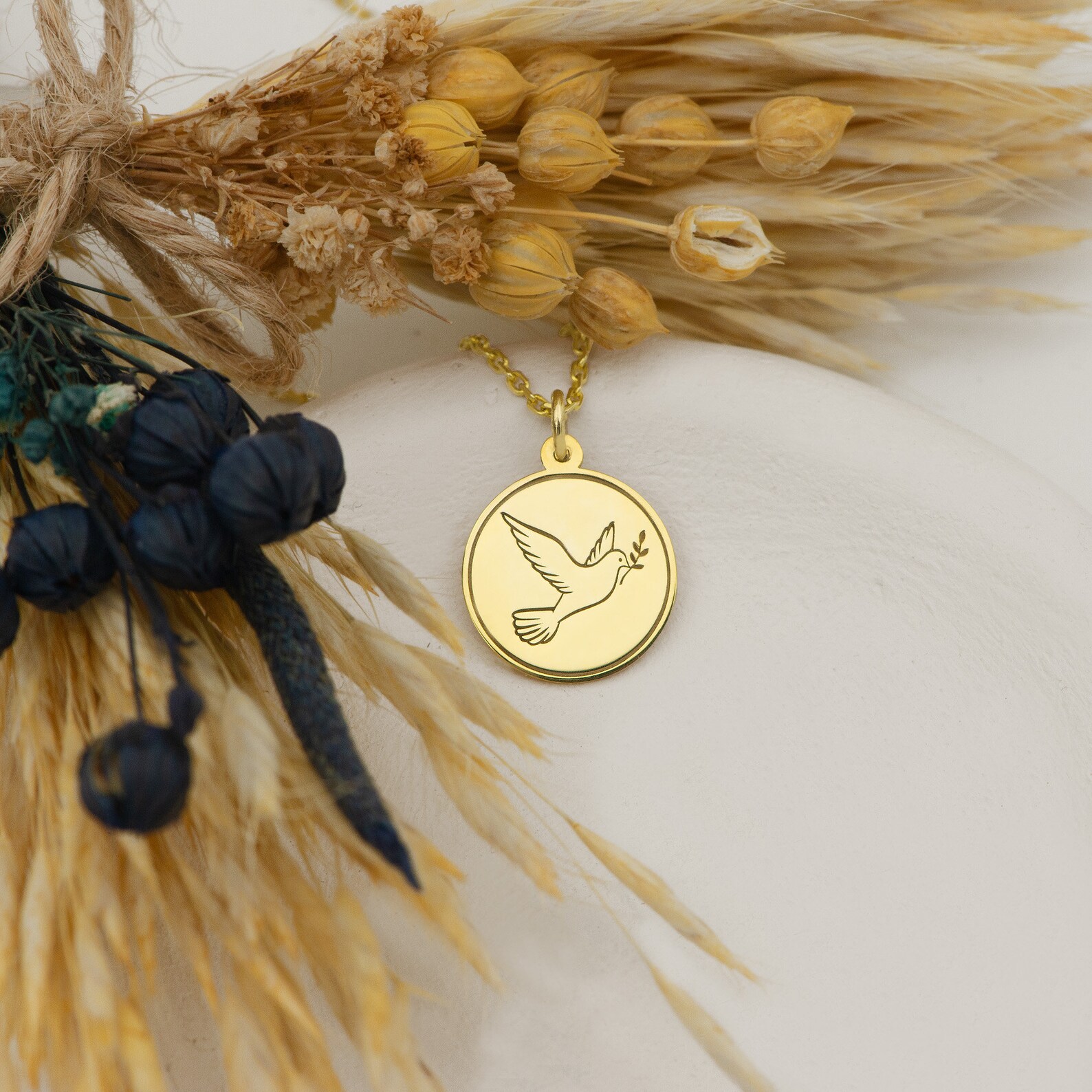 Dainty Dove Necklace 14k Real Solid Gold by Demir Uluer - Bird Pendant ...