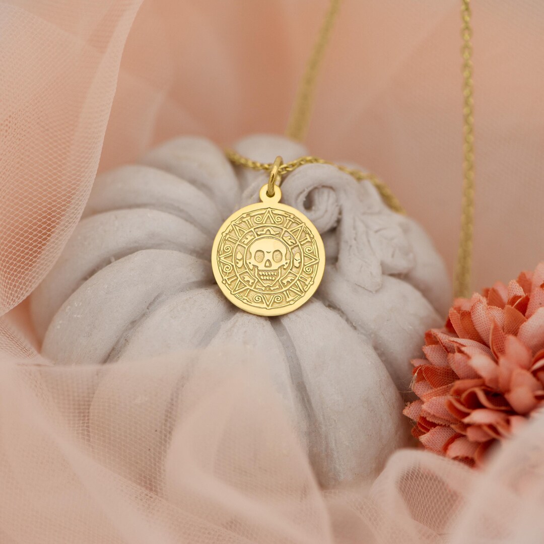 14K Solid Gold Pirate Coin Necklace - Vintage Treasure Pendant ...