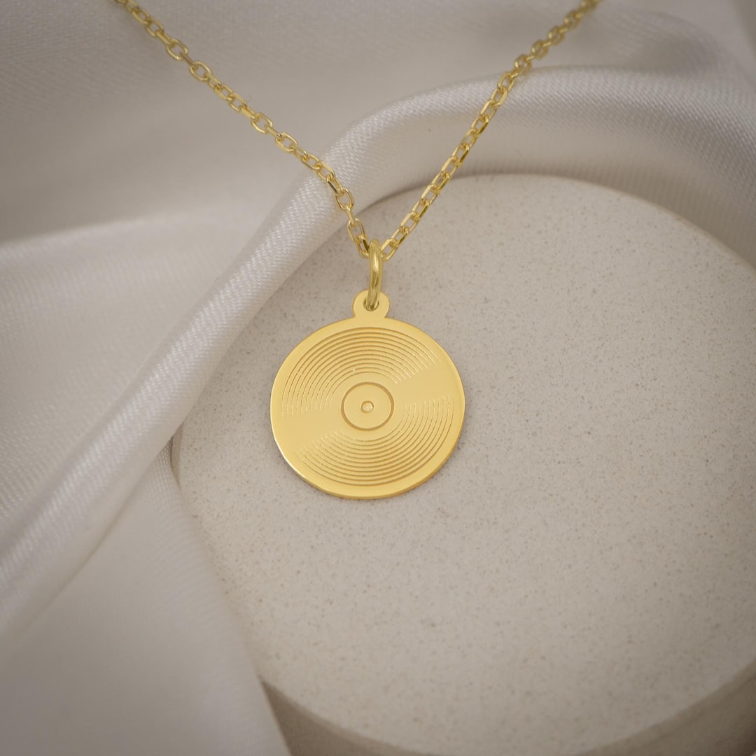 14K Solid Gold LP Record Pendant Necklace – Retro Music Jewelry, Vinyl ...