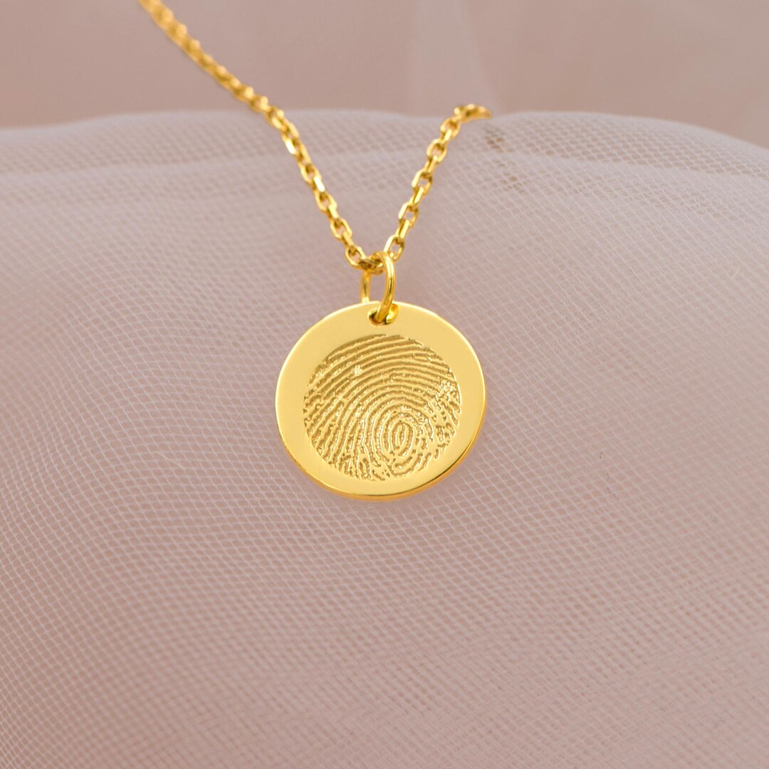 14K Solid Gold Fingerprint Necklace – Custom Handwriting Disc Pendant ...