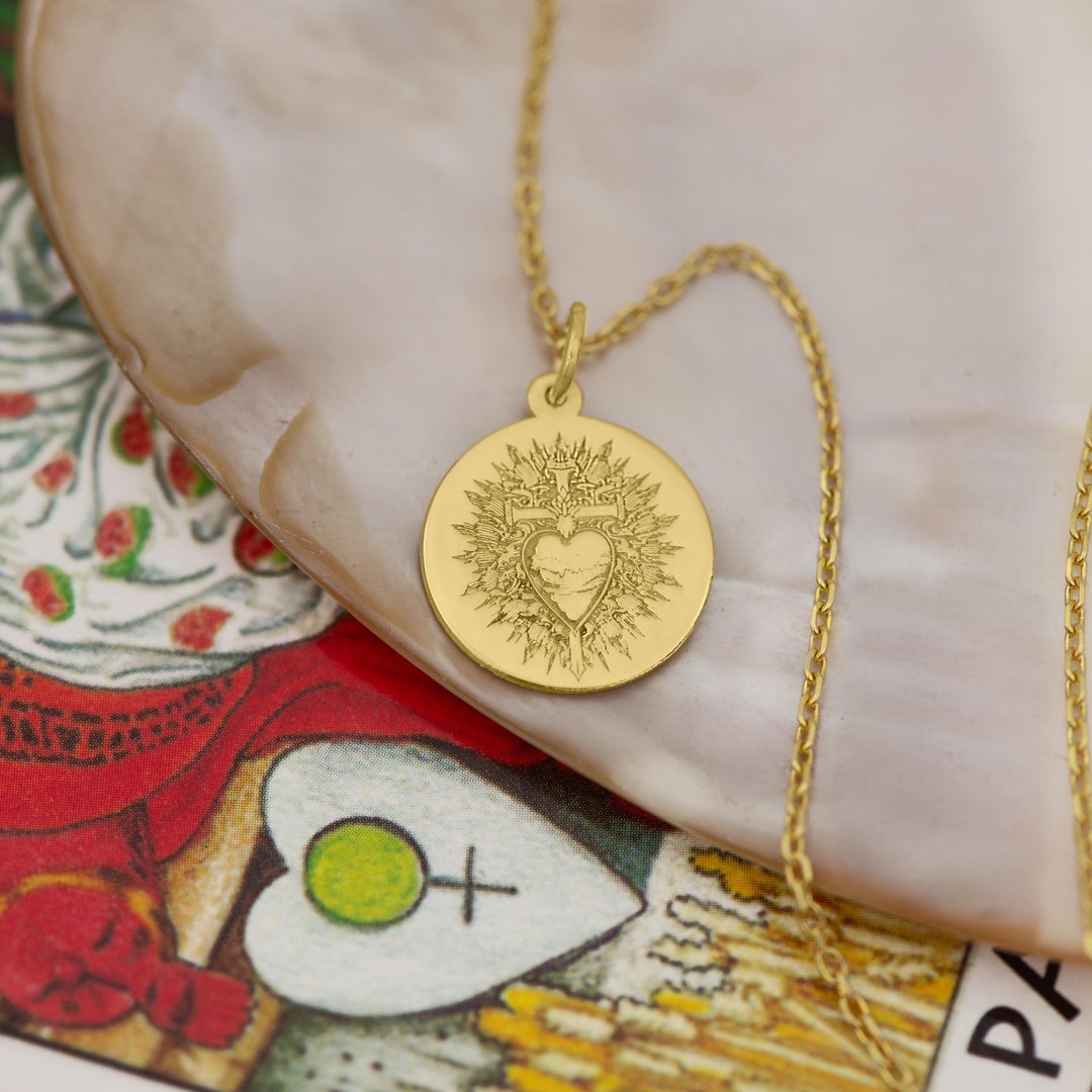 14K Solid Gold Sacred Heart Pendant - Christian Religious Necklace ...