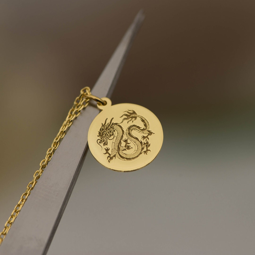 14K Solid Gold Chinese Dragon Necklace - Oriental Mythical Jewelry ...
