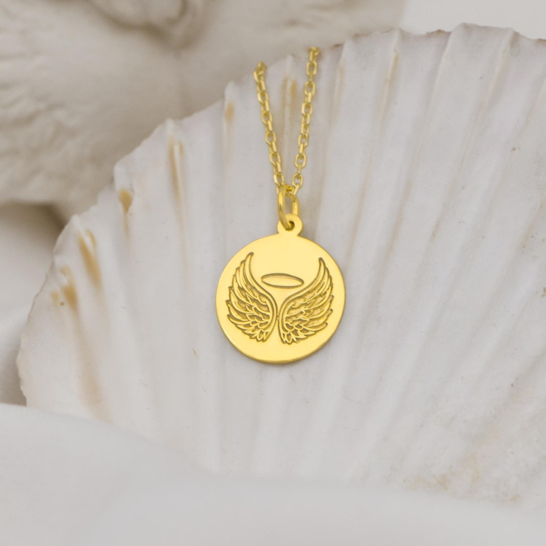 14K Solid Gold Angel Wings Pendant - Symbol of Protection and Guidance ...