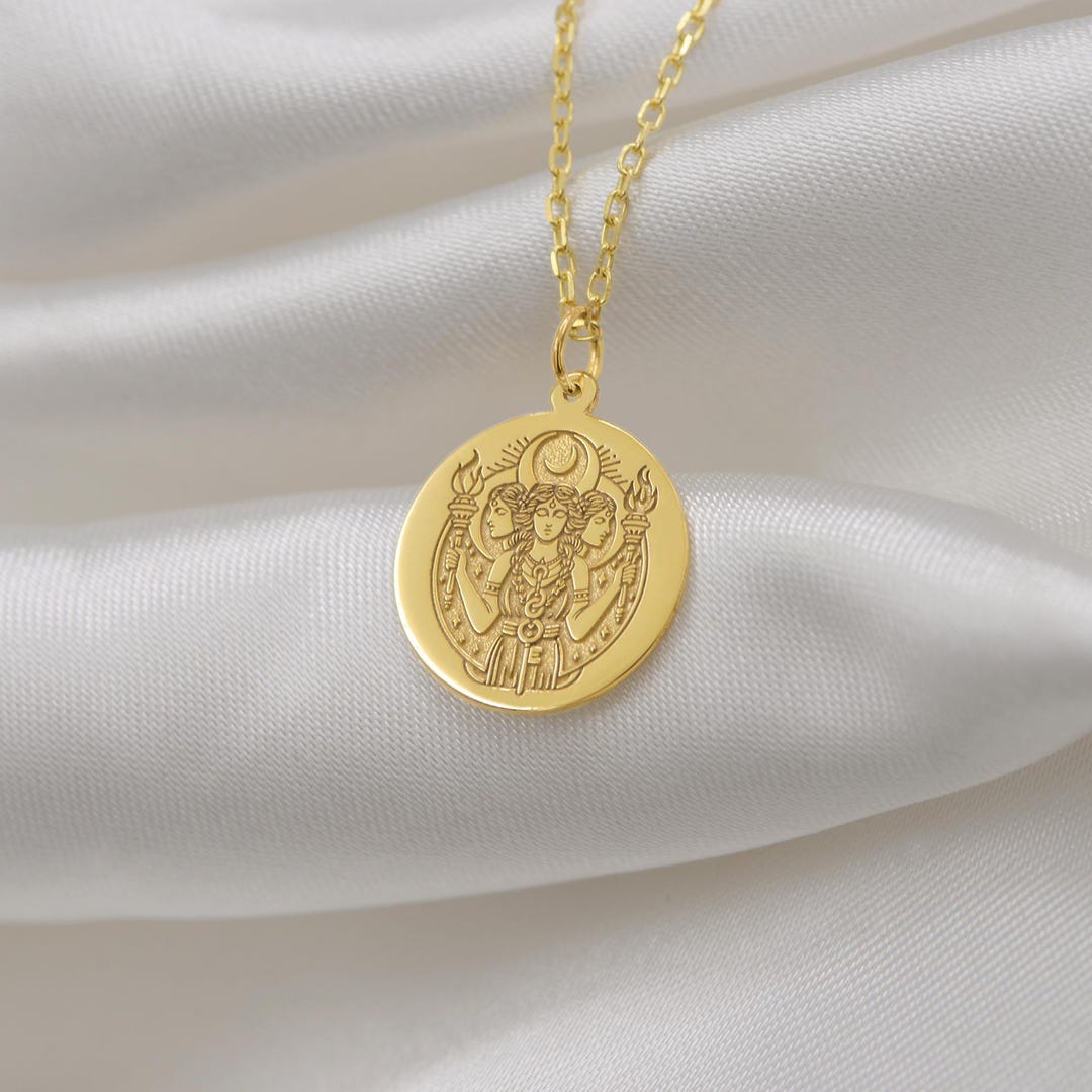 14K Solid Gold Hecate Necklace – Triple Moon Witch Pendant, Custom ...