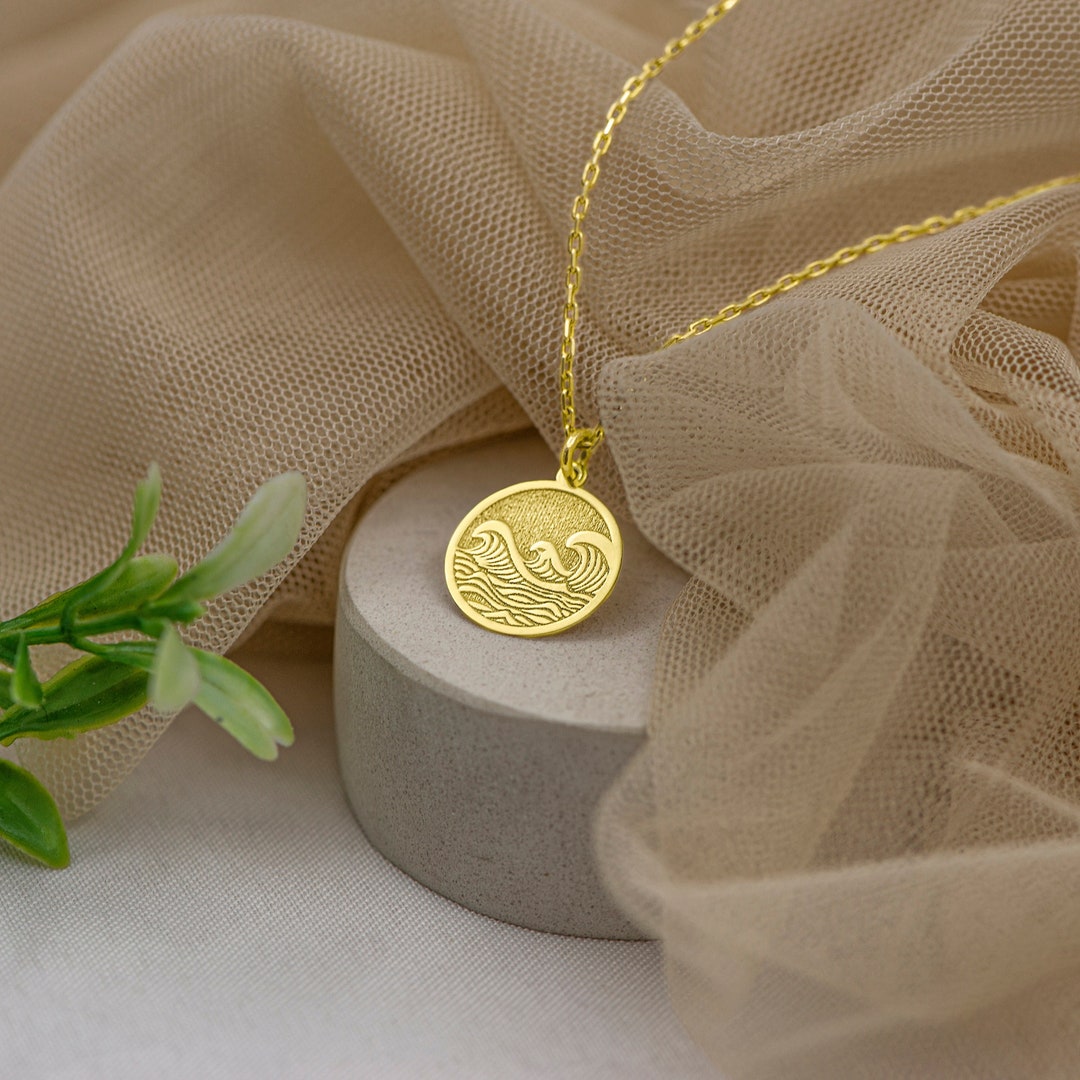 Real 14k Solid Gold Ocean Wave Pendant Necklace - Surfer Necklace ...