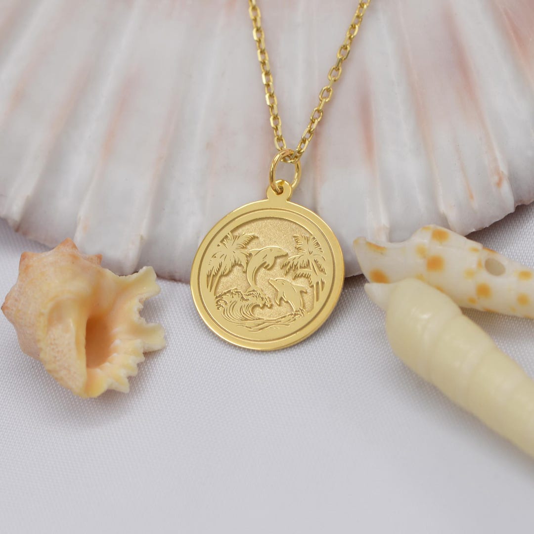 14K Solid Gold Tropical Dolphins Necklace – Handmade Ocean Charm ...