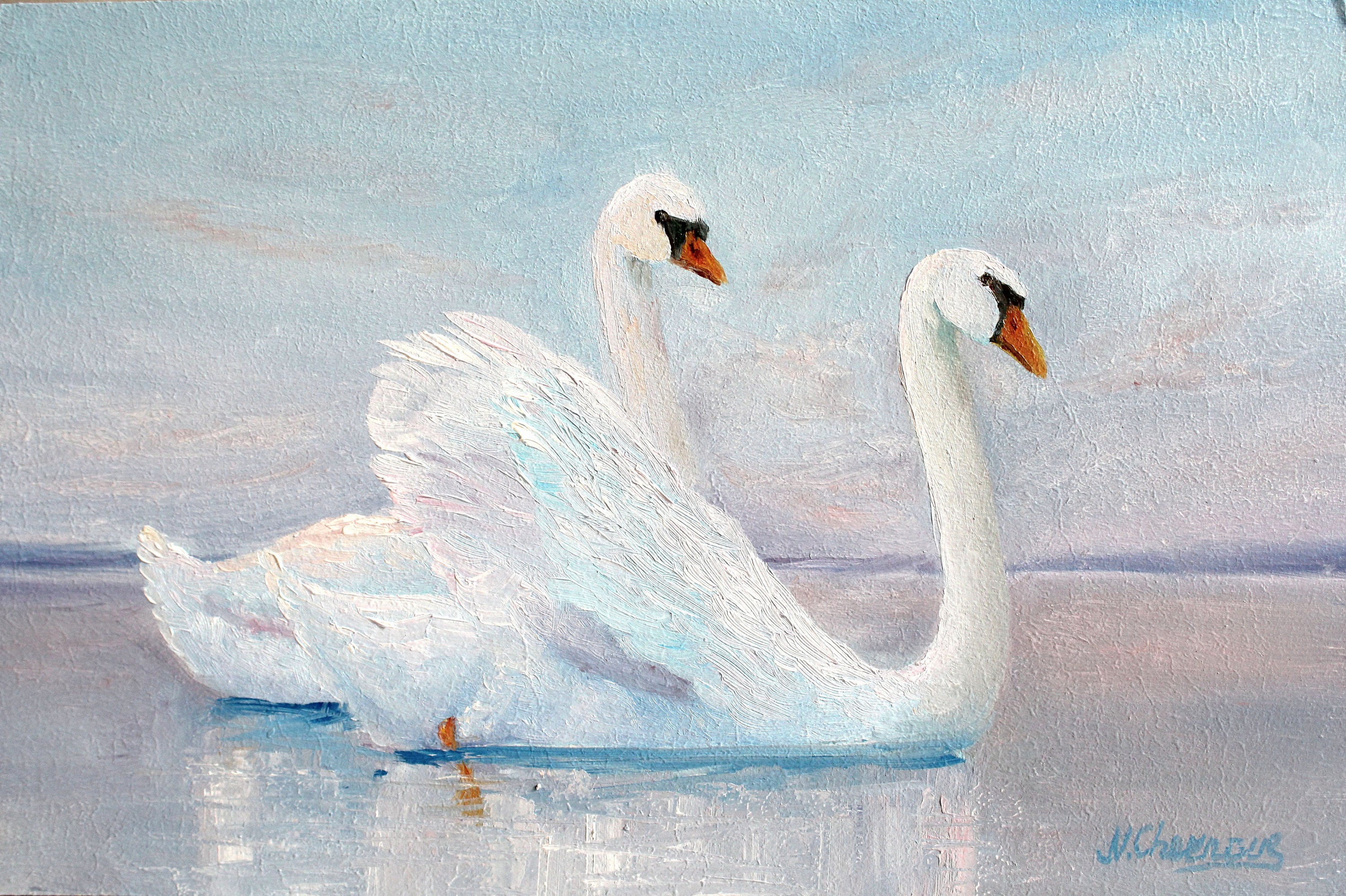Swan Painting Landscape Lake With Birds Original Painting Oil - Etsy UK