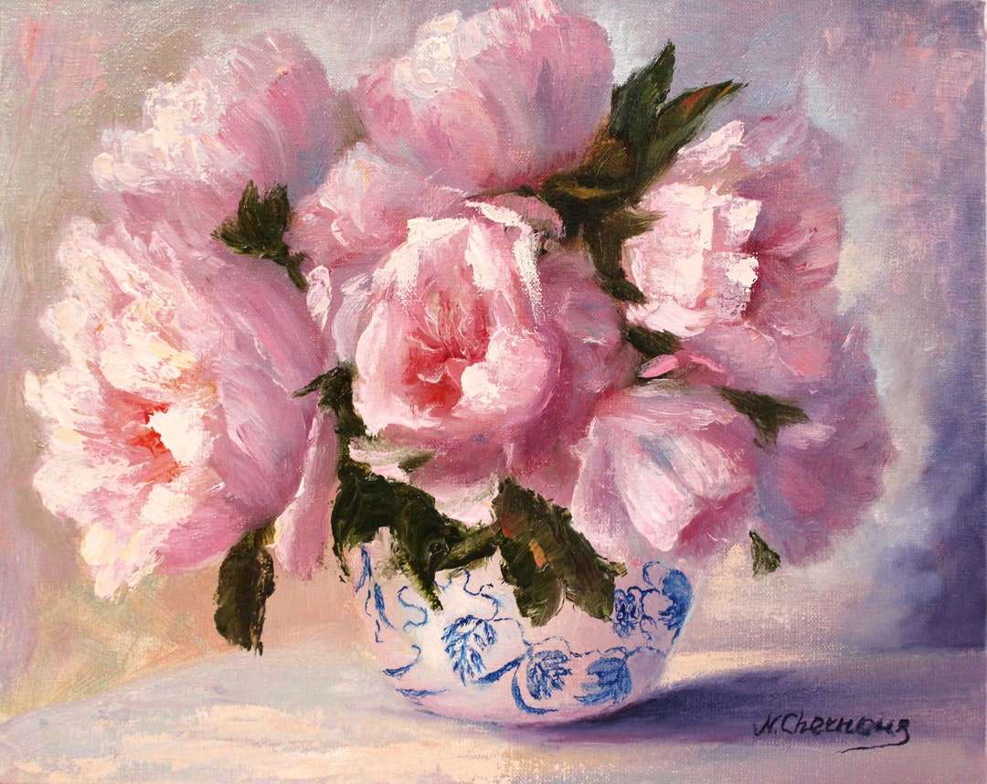 Peony Painting Flower Original Art Floral Wall Art Pink Peonies in Vase ...