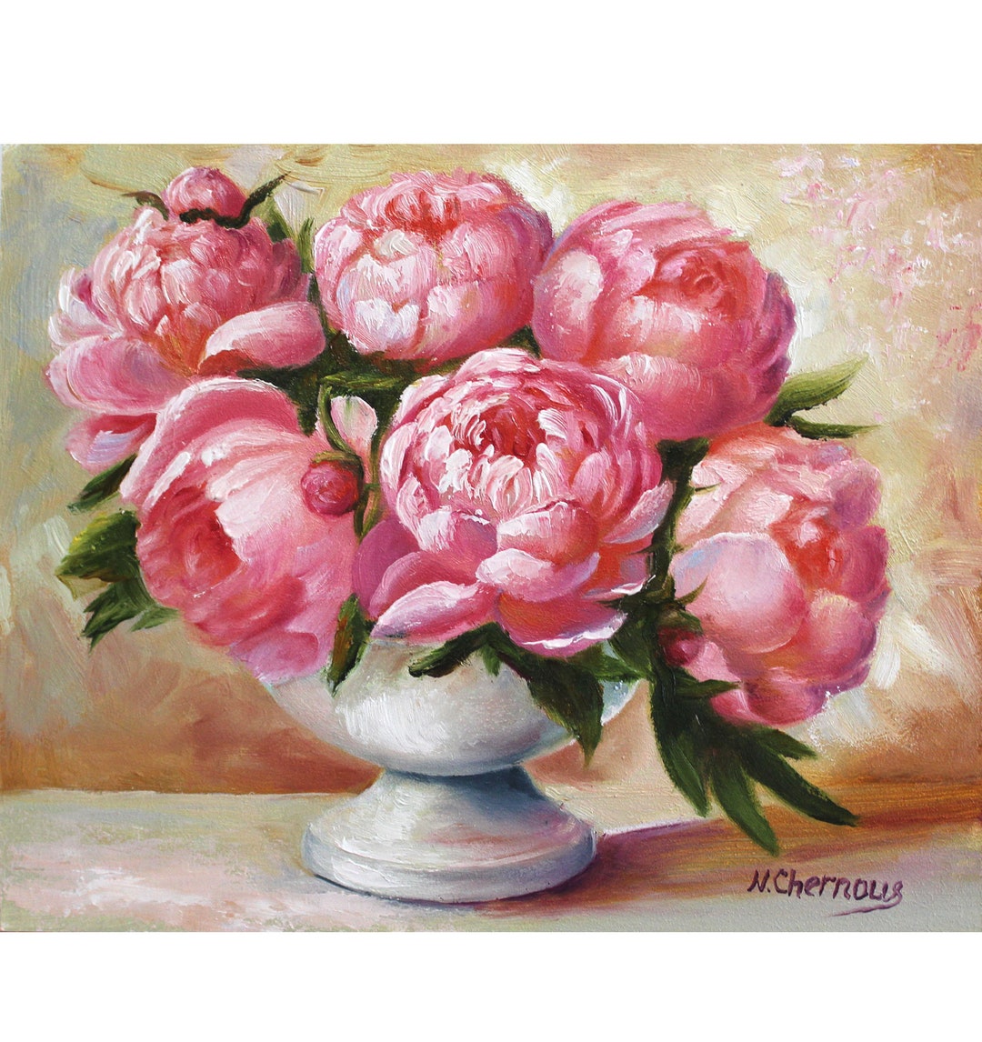 Peony Painting Flower Original Art Pink Peonies in Vase Floral Oil ...