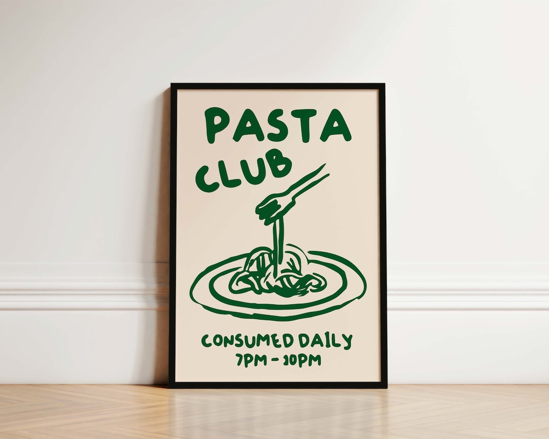 Pasta Club Kitchen Prints, Pasta Print, Hand Drawn Green Kitchen Wall ...