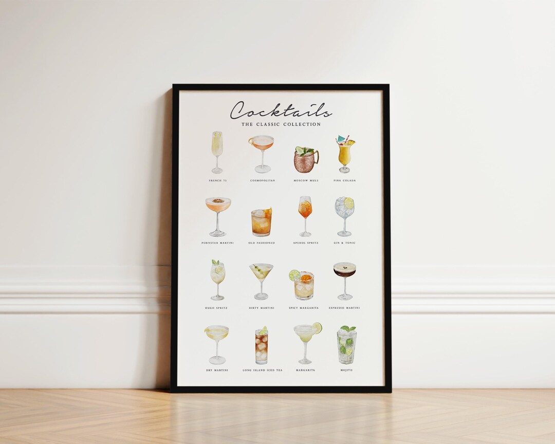 Classic Cocktail Menu Print, Cocktail Poster, Watercolour Cocktail Art ...