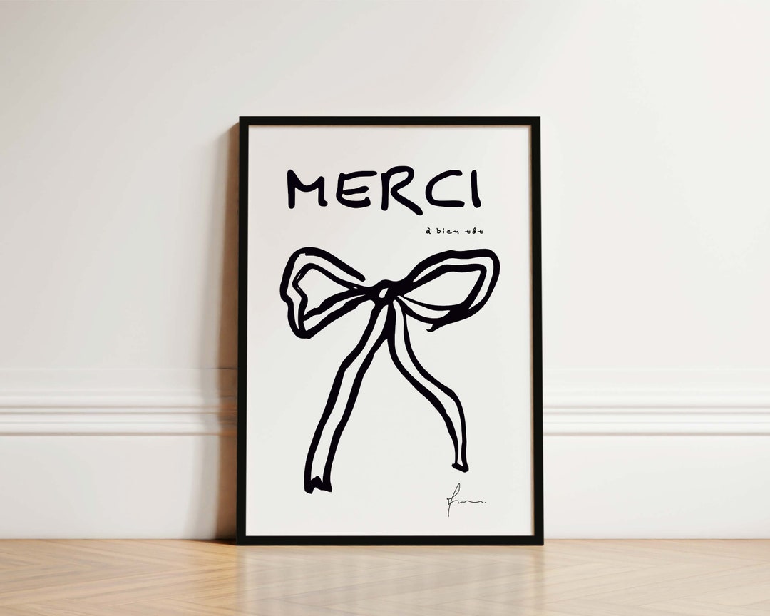 Merci Poster Typography Poster, Bow Print, Hand Sketch Art, Mid Century ...