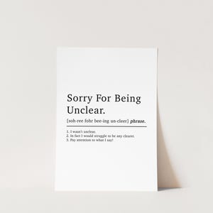 Sorry for Being Unclear Definition Print, Fun Work From Home Gift, Home ...