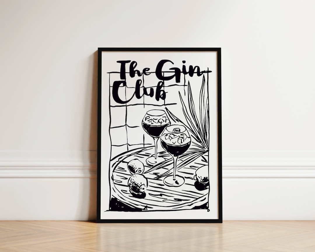 Gin Club Kitchen Print, Kitchen Poster, Gin Print, Black and White ...