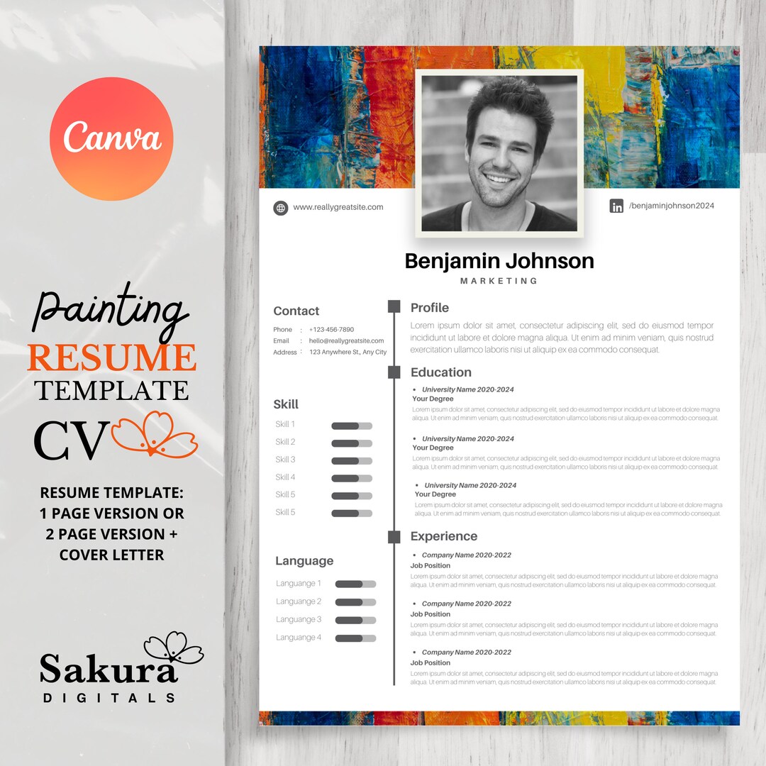 Colorful Resume Template Canva With Cover Letter, 1 or 2 Page Cv ...