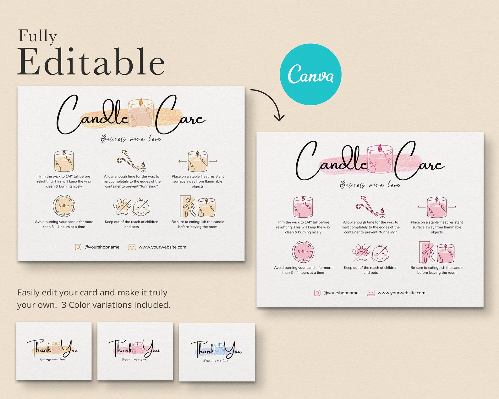 Editable Candle Care Card, Printable Candle Care Template, Watercolor ...