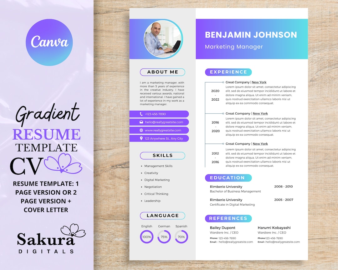 Resume Template Canva With Cover Letter, 1 or 2 Page Cv Template Canva ...