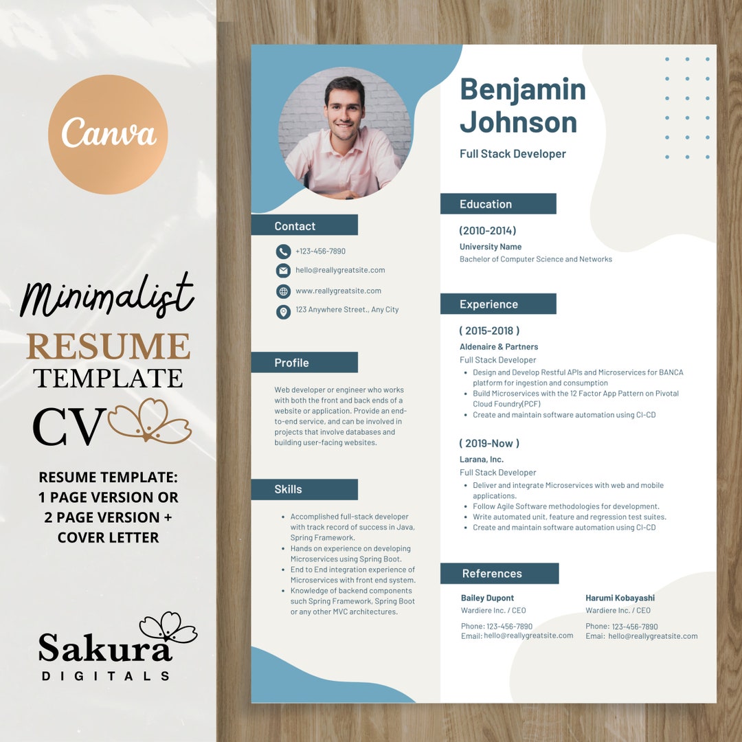 Resume Template Canva With Cover Letter, 1 or 2 Page Cv Template Canva ...