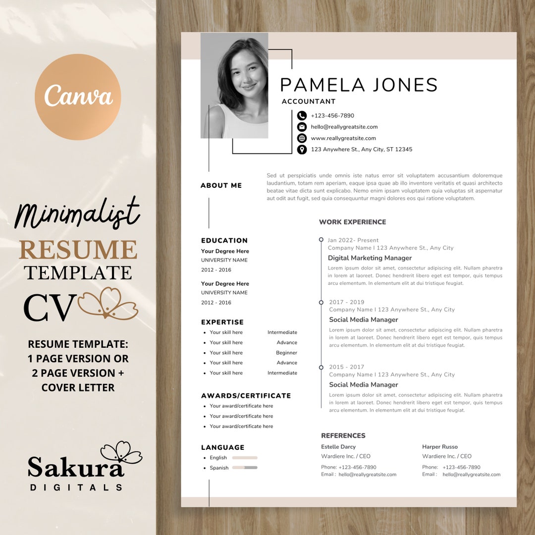 Minimalist Resume Template Canva With Cover Letter, 1 or 2 Page Cv ...