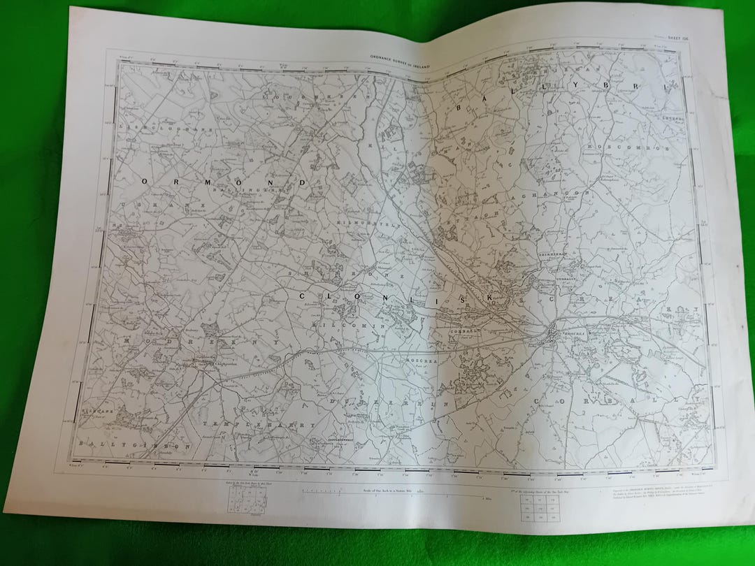 Vintage Irish Ordnance Landscape Map, Roscrea Tipperary, Map of Ireland ...