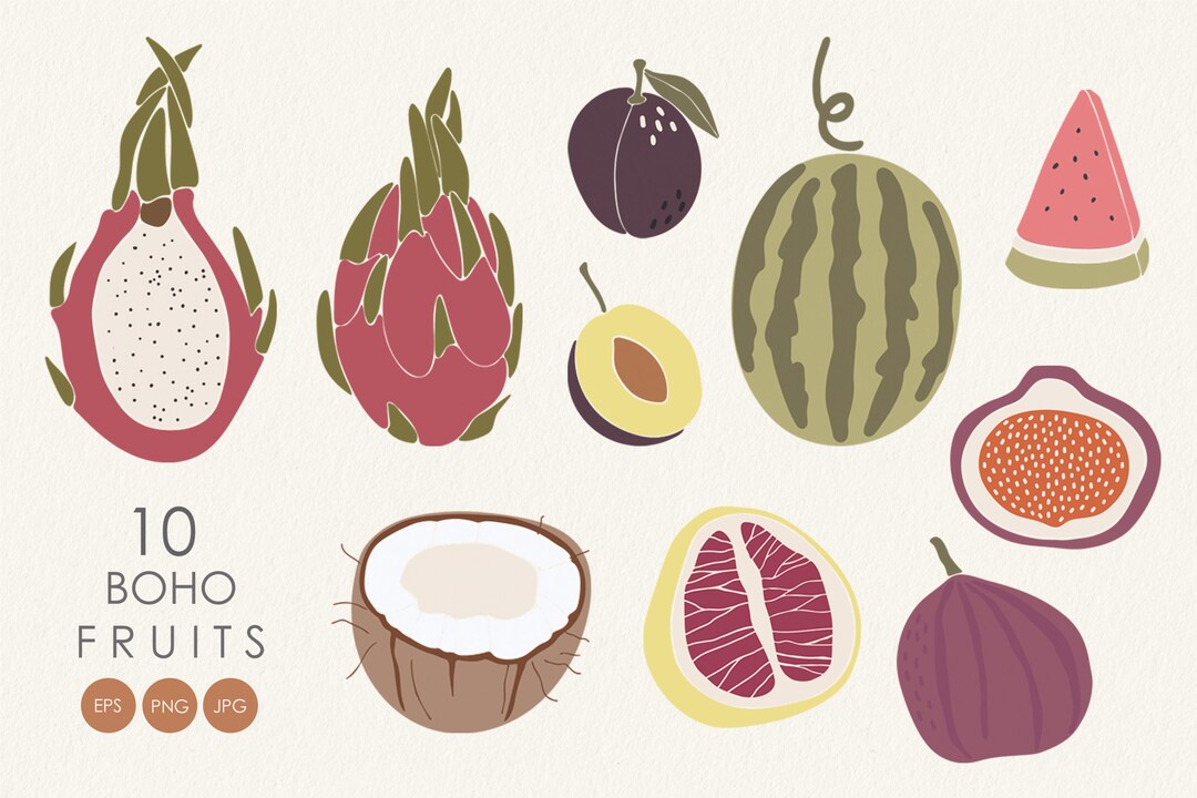 Boho Fruits Clipart, Tropical Fruits Collection, Digital Summer Clipart ...