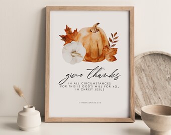 Give Thanks Poster, Bible Verse Print, Autumn Landscape, Pumpkin ...