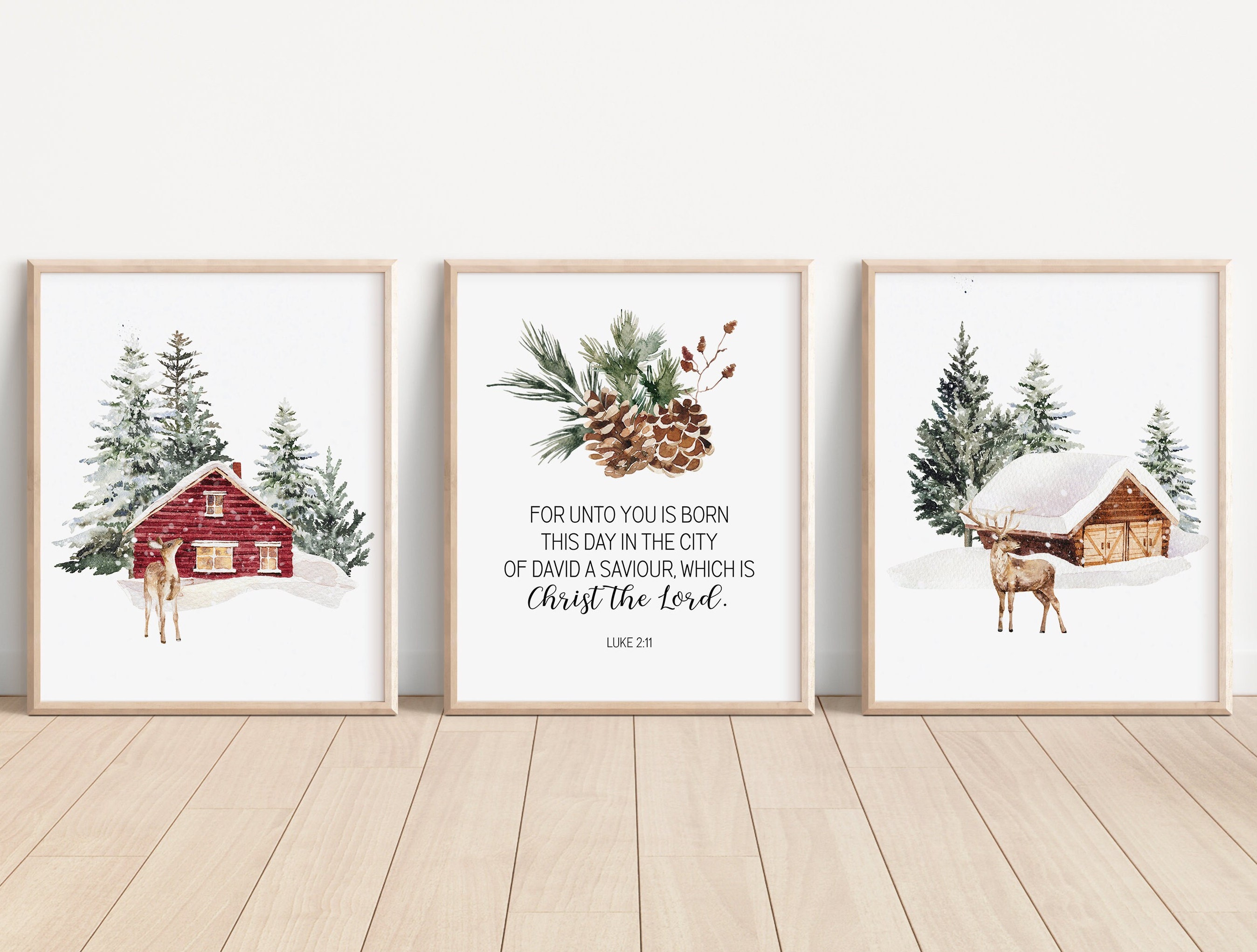 Set of 3 Christmas House Posters, Holiday Wall Decor, Winter Landscape ...