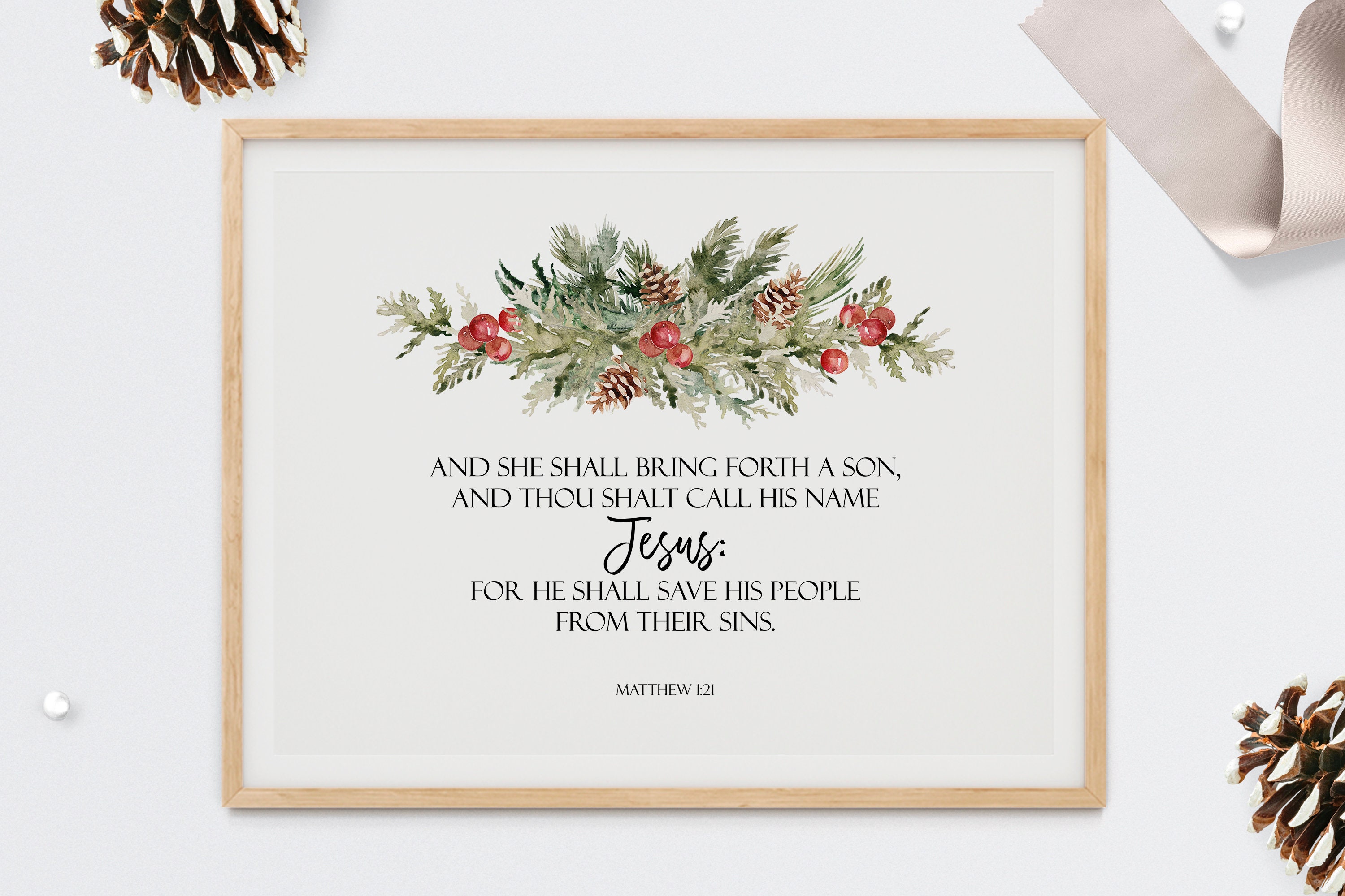 Christmas Christian Wall Art, Watercolor Christmas Tree, Matthew 1:21 ...