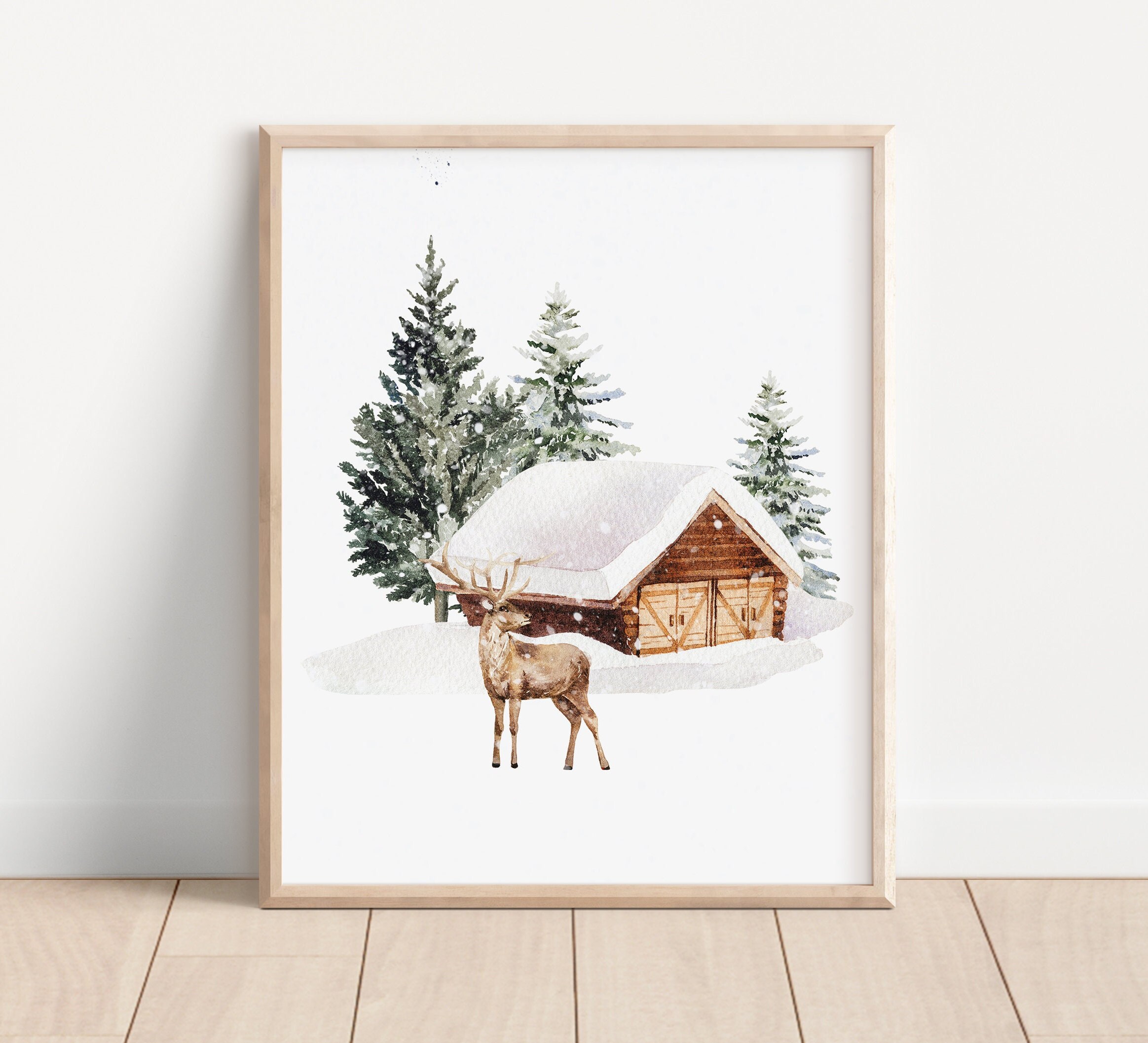 Christmas House Print, Holiday Wall Art, Winter Landscape Print, Deer ...