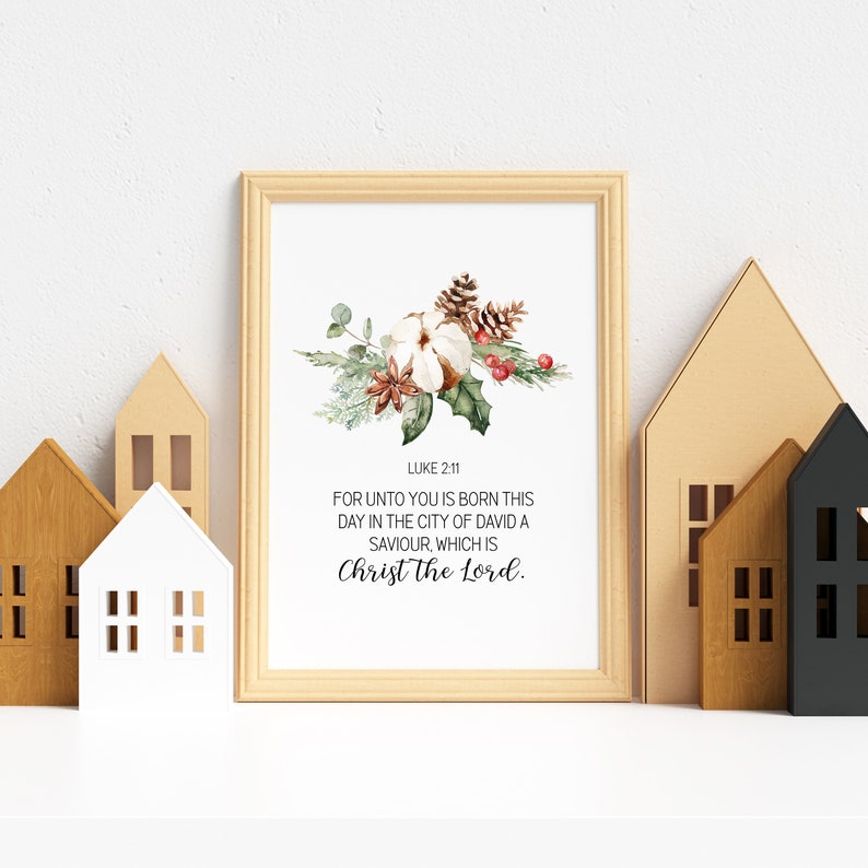 Christmas Christian Wall Art, Watercolor Tree Garland, Scripture Poster ...