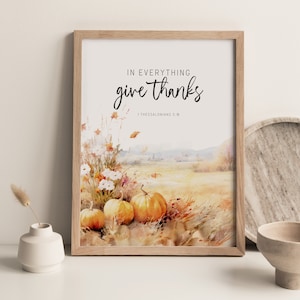 Give Thanks Poster, Bible Verse Print, Autumn Landscape, Pumpkin ...