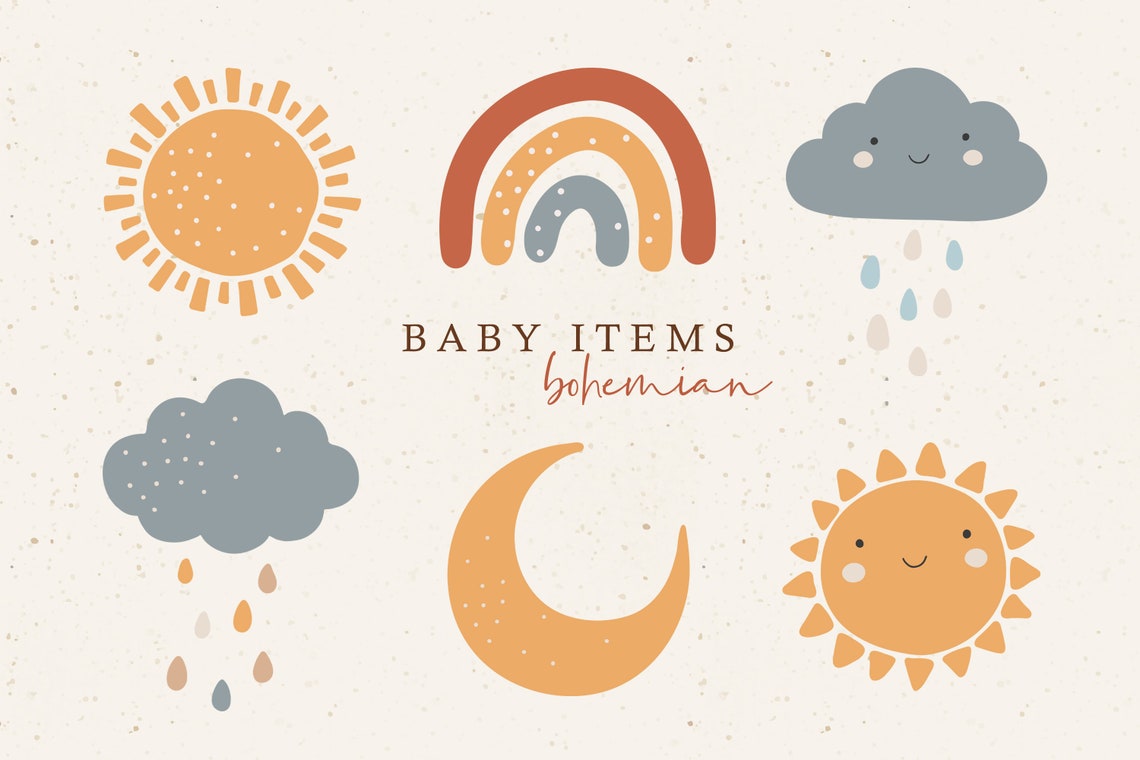 Abstract Baby Clipart Boho Sun Cloud and Rainbow Clipart - Etsy