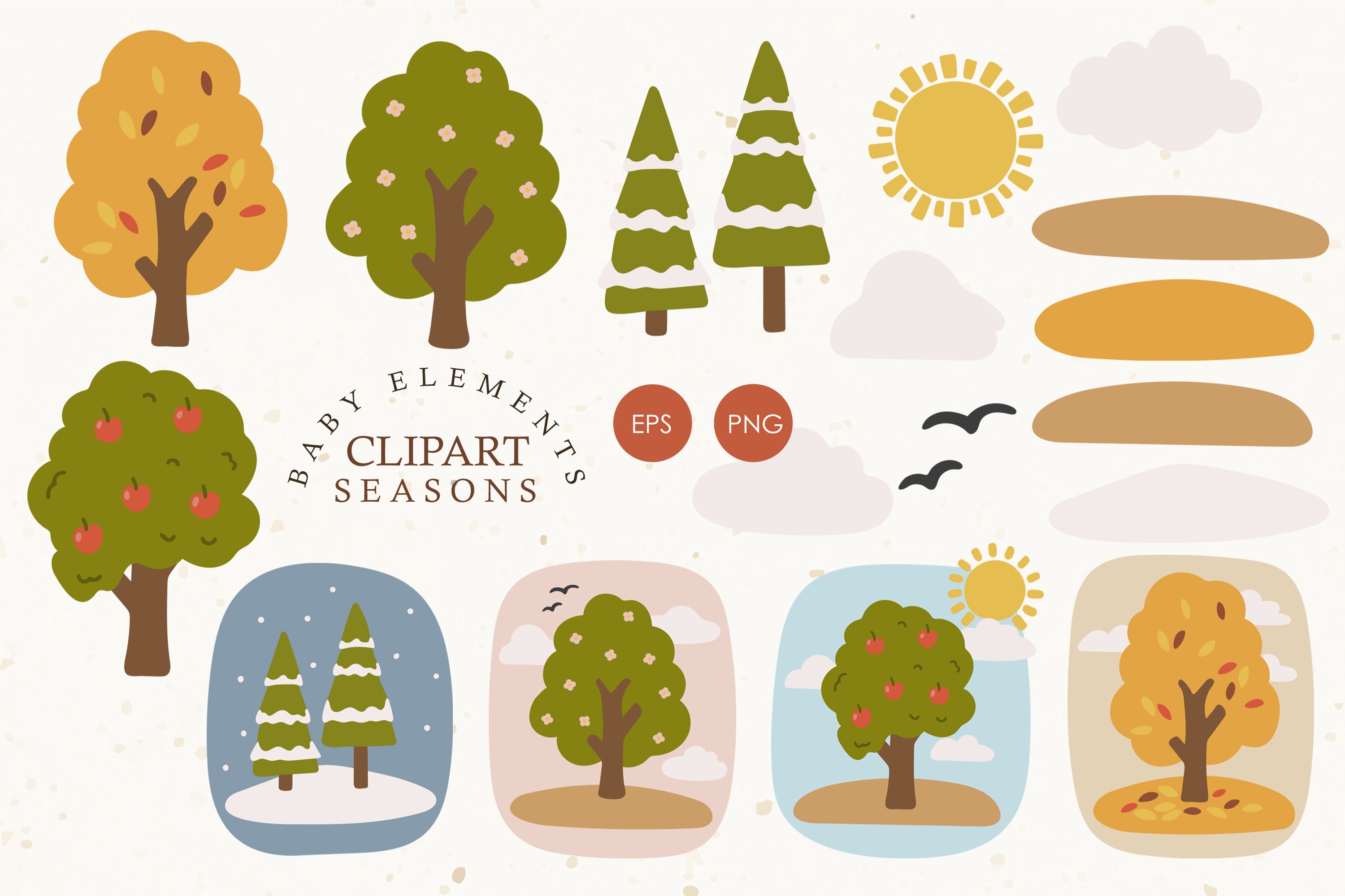 Seasons Clipart, Seasons Trees Clipart, Landscape Illustration, Seasons ...