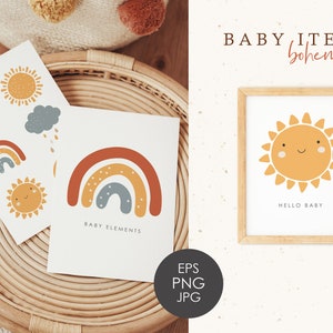 Abstract Baby Clipart, Boho Sun Cloud and Rainbow Clipart, Baby PNG ...