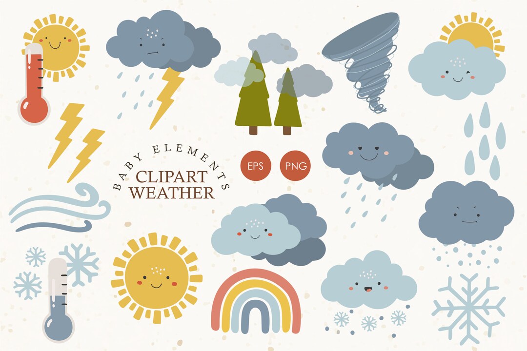 Weather Clipart, Weather Cute Clipart, Sun, Cloud Illustration, Weather ...