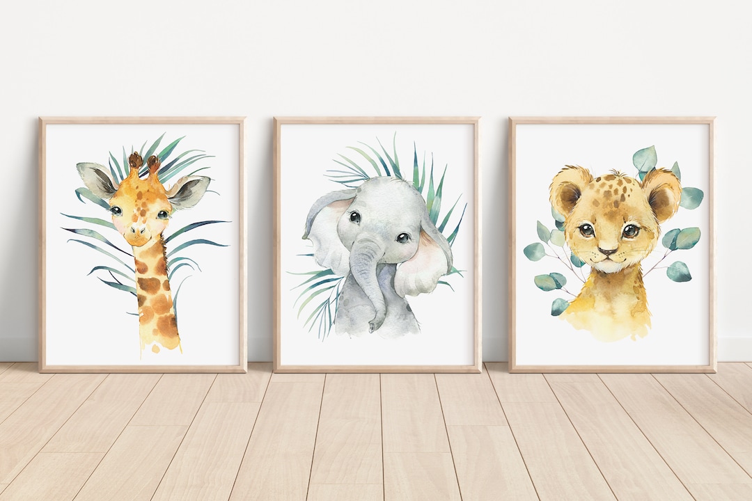 Set of 3 Safari Animals Posters, Watercolor Animals, Safari Portrait ...