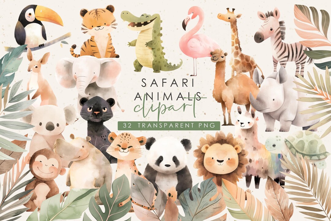 Safari Animals Clipart, Jungle Baby Animal PNG, Baby Shower Clipart ...