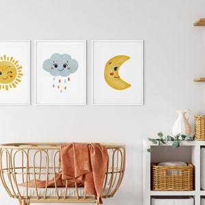 Set of 3 Baby Posters, Watercolor Sun Poster, Cloud Wall Print, Digital ...