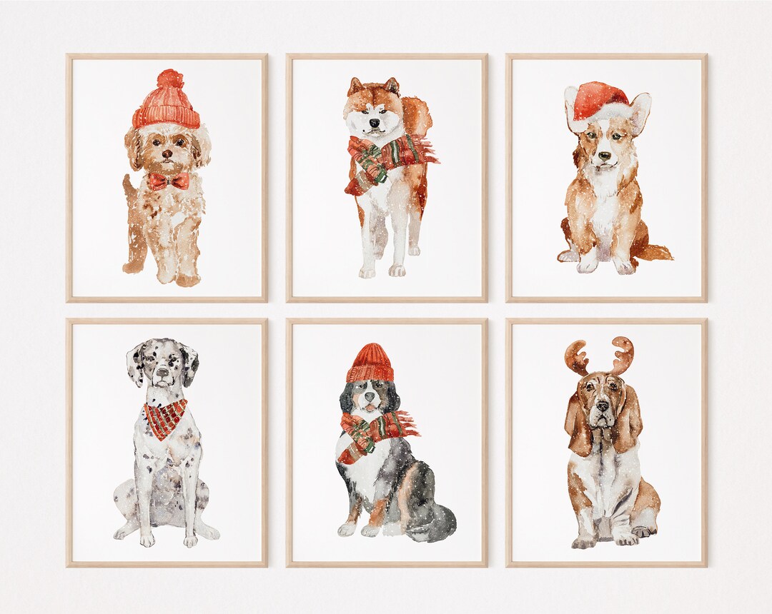 Set of 6 Christmas Dog Prints, Holiday Wall Art, Christmas Printable ...