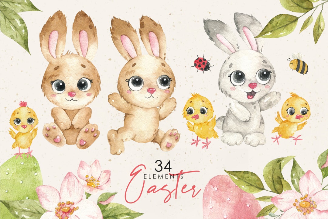 Easter Bunnies Clipart, Baby Rabbits Clipart, Watercolor Easter Clipart ...