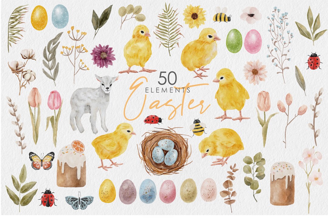 Easter Watercolor Clipart, 50 Digital Spring Elements - Etsy