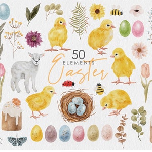 Easter Watercolor Clipart, 50 Digital Spring Elements - Etsy