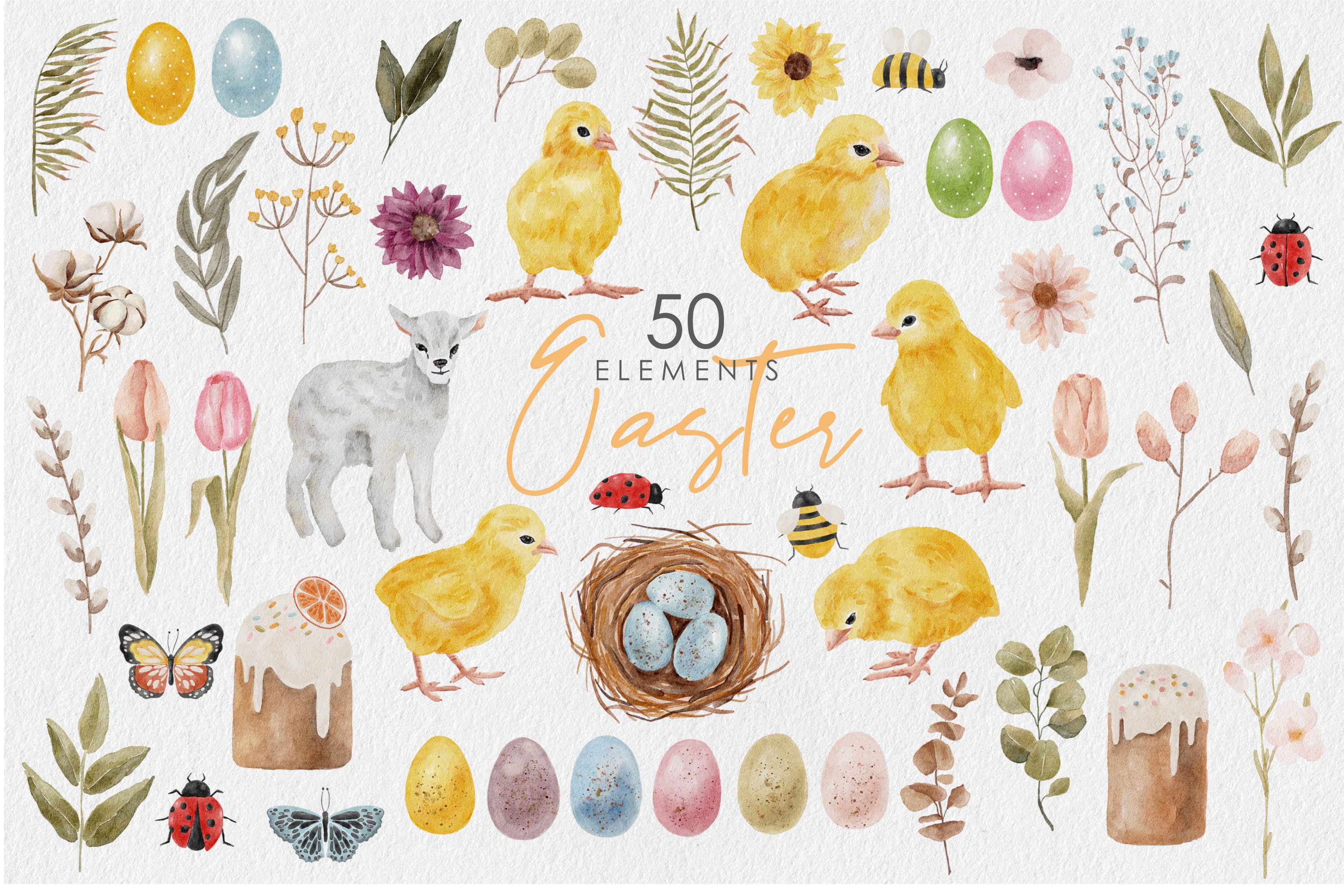 Easter Watercolor Clipart, 50 Digital Spring Elements - Etsy