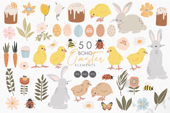 Easter Boho Clipart Easter Abstract Elements 50 Digital | Etsy