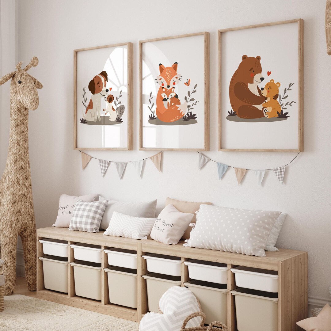 Mom and Baby Animals Posters, Set of 3 Wild Animals, Digital Baby ...