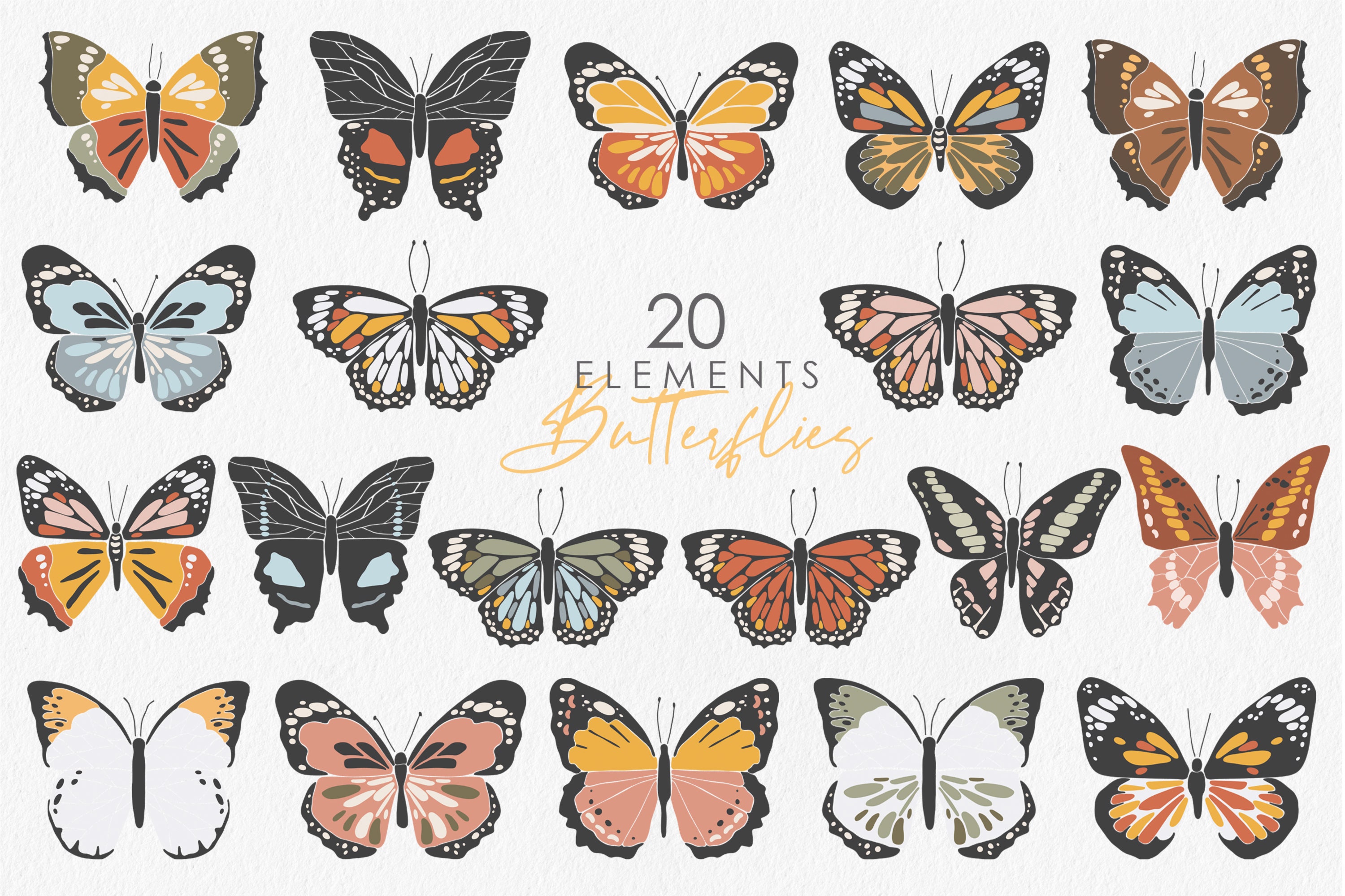 Boho Butterflies Clipart Spring Butterfly Elements Digital - Etsy