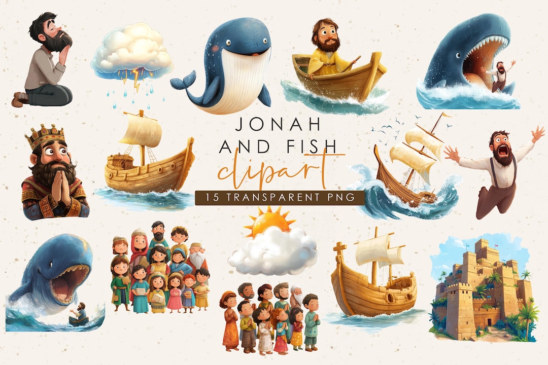 Jonah and Big Fish Clipart, Christian Clipart, Bible Elements, Jonah ...