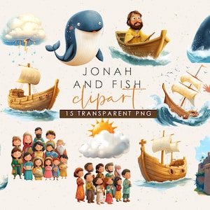 Jonah and Big Fish Clipart, Christian Clipart, Bible Elements, Jonah ...
